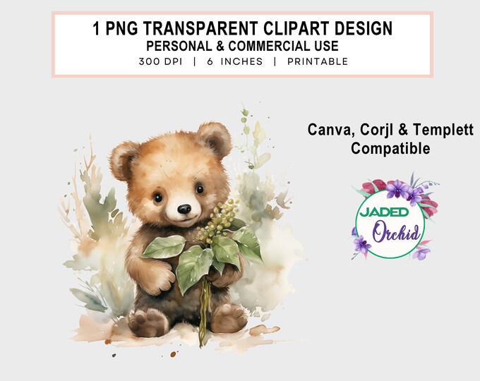 Watercolor Bear Clipart, Cute Animal Clip Art, Bear Wall Art Clipart ...