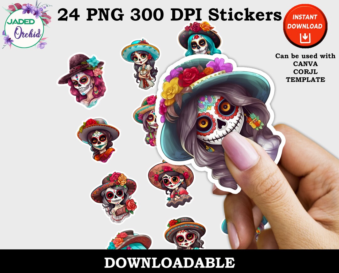 Printable Dia De Los Muertos Stickers, Day of the Dead Sugar Skull ...