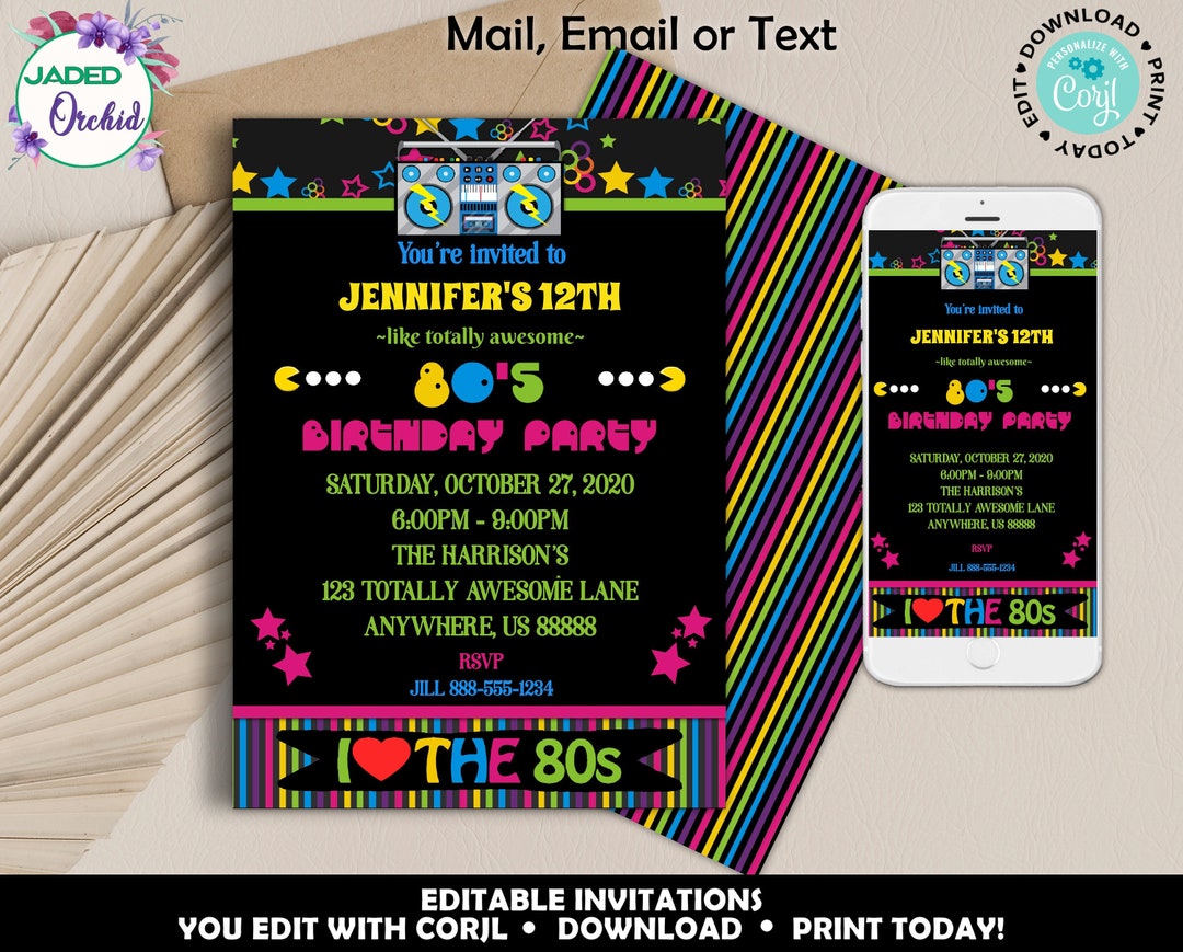 Neon Retro 80s Birthday Party Invitation, Retro 80s Birthday Invitation ...