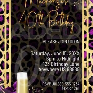 Purple Leopard Birthday Party Invitation, Purple and Gold Leopard ...