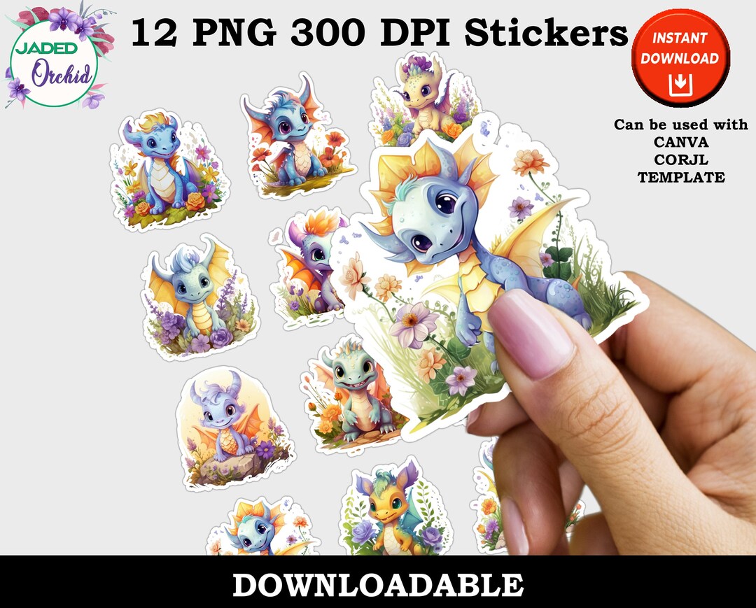 Dragon Sticker Sheet Print and Cut Digital PNG, 12 Different Designs ...