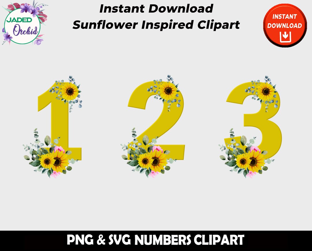 Printable Sunflower Numbers Clipart, Sunflower SVG Clipart, Sunflower ...
