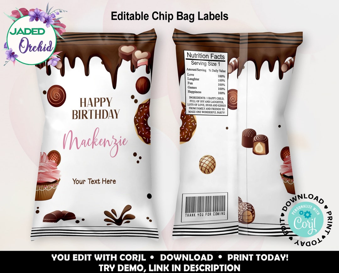 Chocolate Party Chip Bag, Printable Chip Bag Label, Chocolate Chip Bag ...