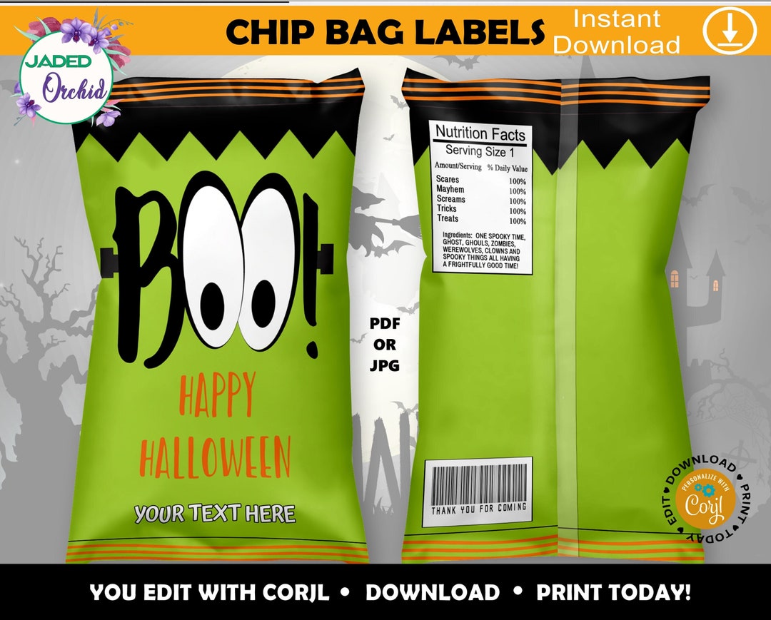 Printable Frankenstein Halloween Chip Bag Labels Halloween - Etsy