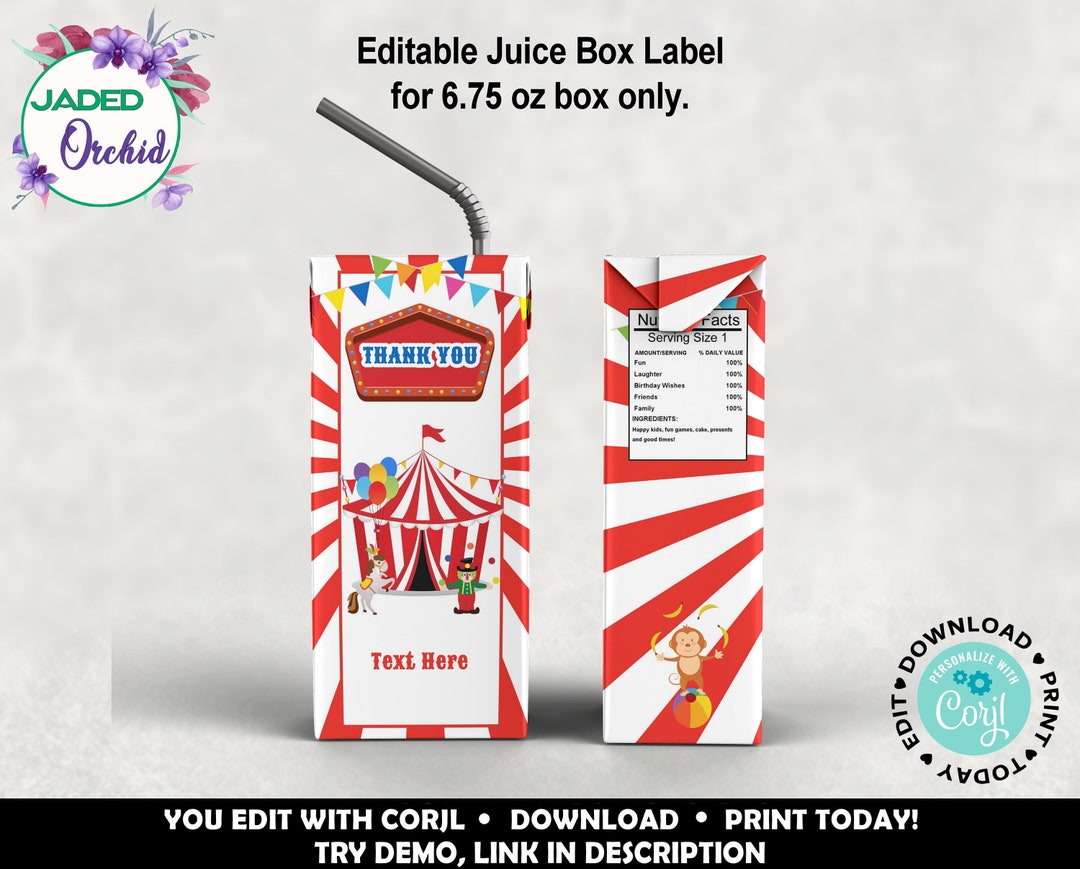 Circus Juice Wrapper, Printable Circus Birthday Juice Box Wrapper ...