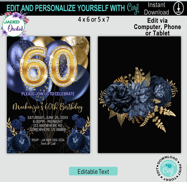 60th Birthday Party Invitation Blue and Gold 60th Birthday - Etsy