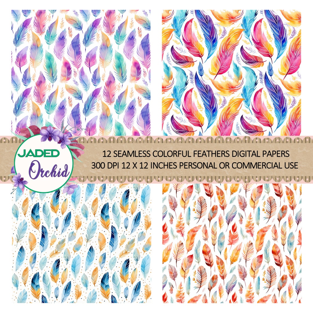 Watercolor Feathers Background Paper, Boho Paper, Feather Digital ...