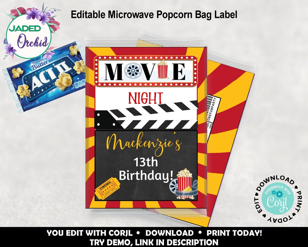 Printable Movie Night Microwave Popcorn Wrapper Label, Movie Nite Party ...