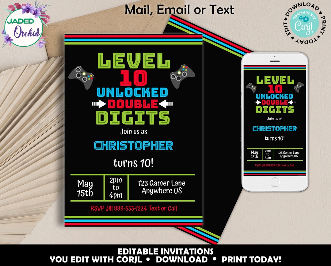 Boys Double Digits Birthday Invitation, Video Gamer Double Digits ...