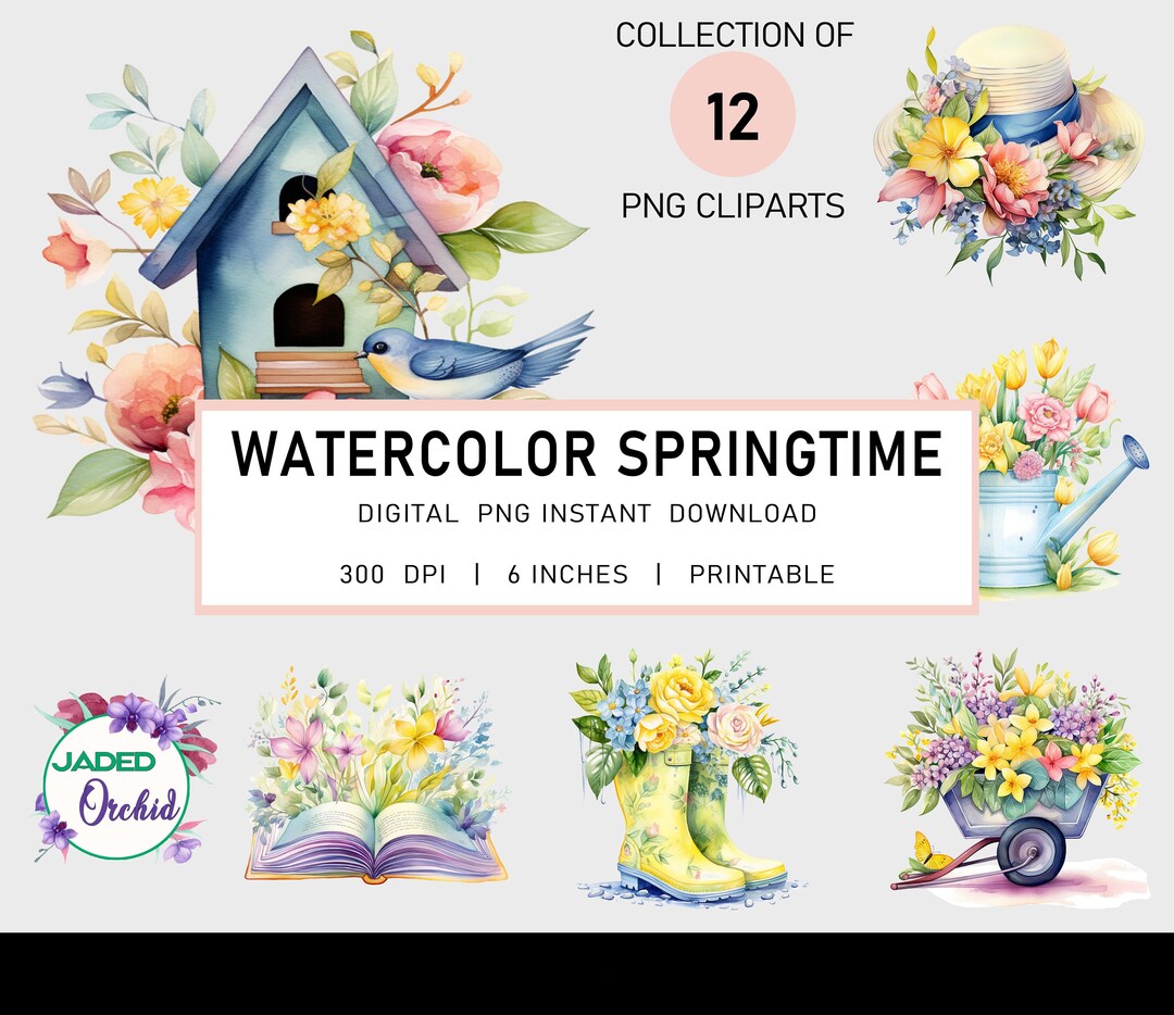 Springtime Clipart PNG Digital Download, Vivid Colorful Watercolor ...