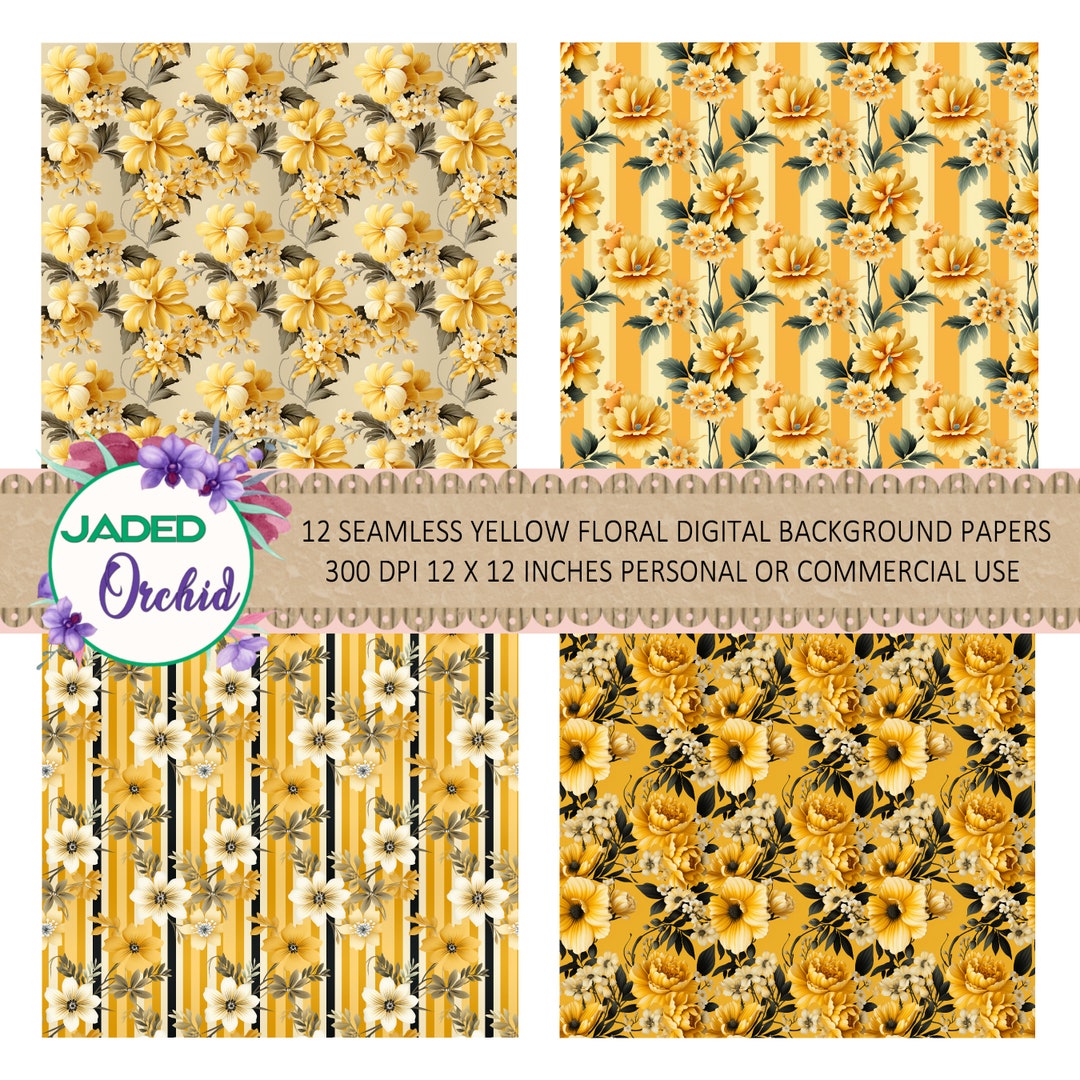 Yellow Floral Paper, Flower Digital Seamless Background Paper, Floral ...