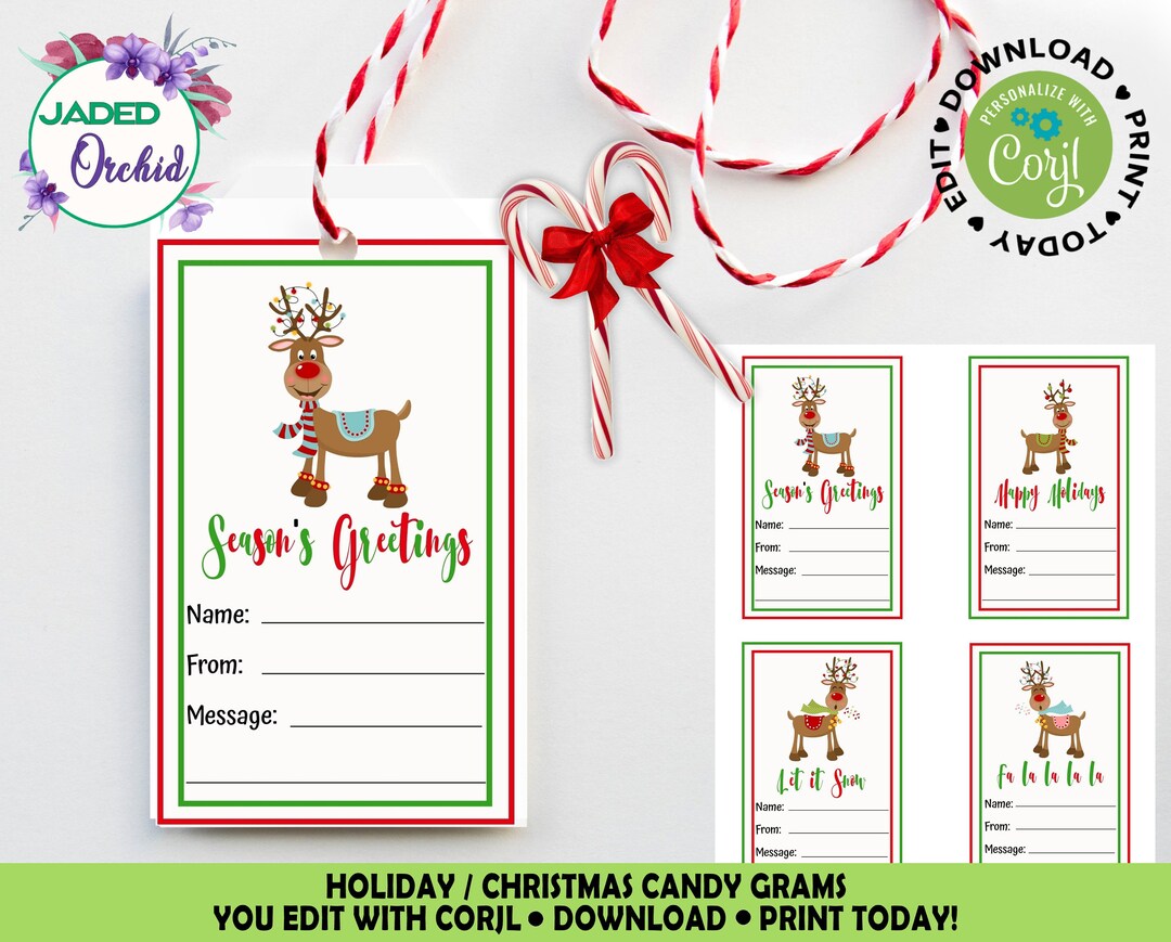 Christmas Reindeer Candy Cane Grams, Personalized Christmas Candy Cane ...