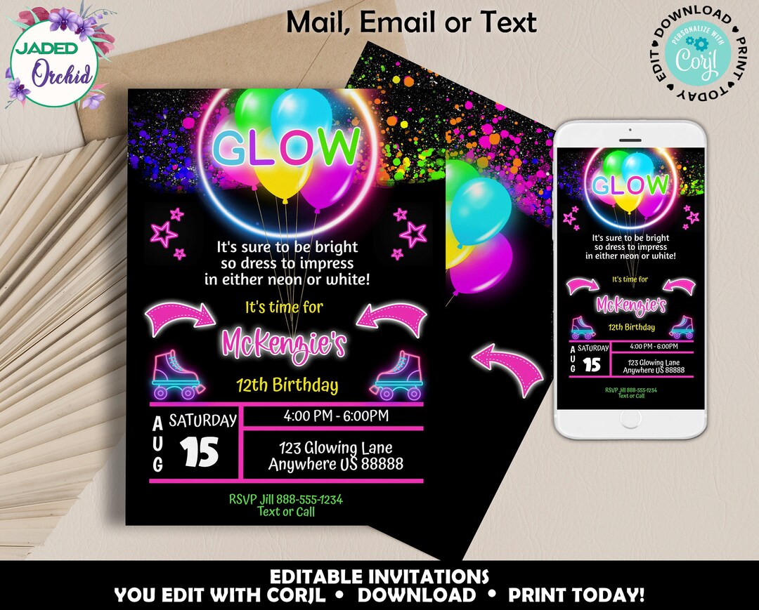 EDITABLE Glow Birthday Invitation, Neon Birthday Party, Teens Glow ...
