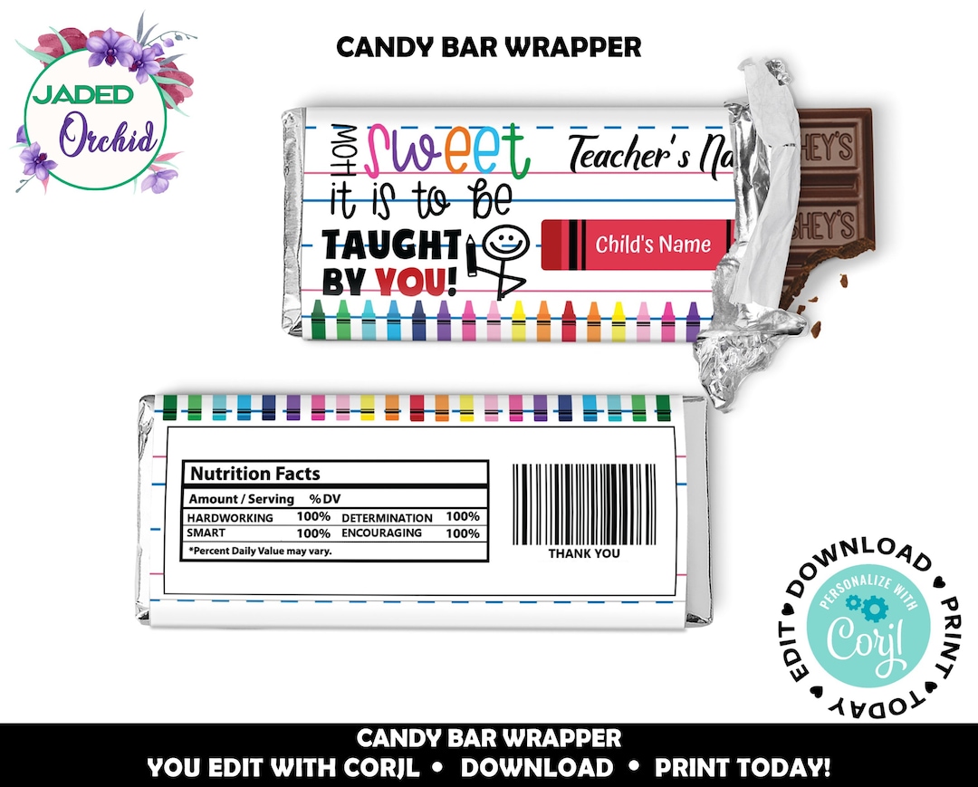 Thank You Teacher Chocolate Candy Bar Labels, Teacher's Chocolate Candy ...