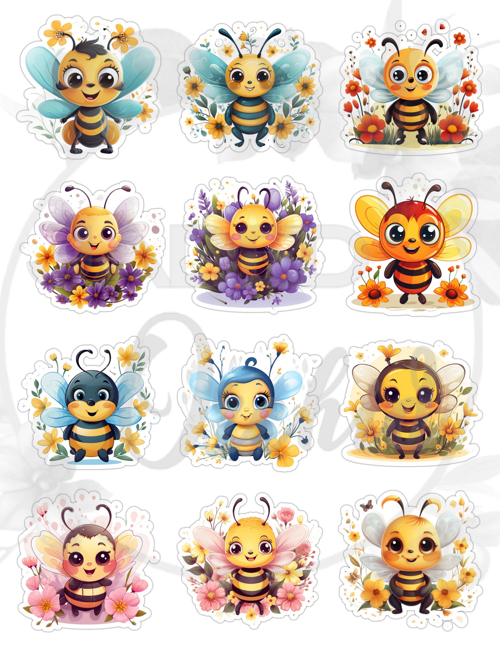 Cute Bees Print and Cut Digital PNG Sticker Sheets, 12 Different ...