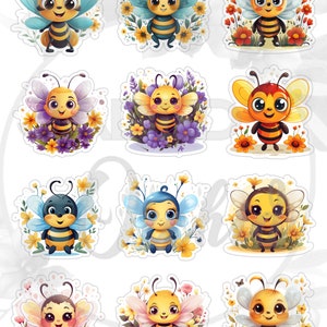 Cute Bees Print and Cut Digital PNG Sticker Sheets, 12 Different ...