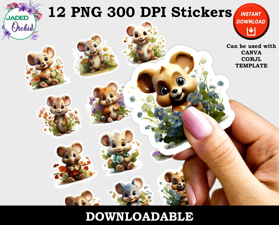 Printable Mice Stickers, Print and Cut Digital PNG Sticker Sheet, 12 ...