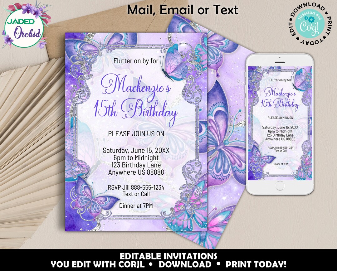 Butterfly Birthday Party Invitation, Purple Butterfly Party Invitation ...