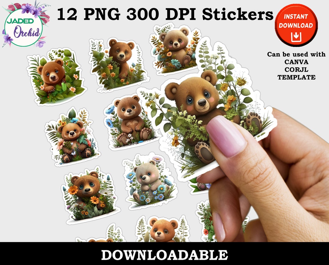 Printable Bear Stickers, Print and Cut Digital PNG Sticker Sheet, 12 ...
