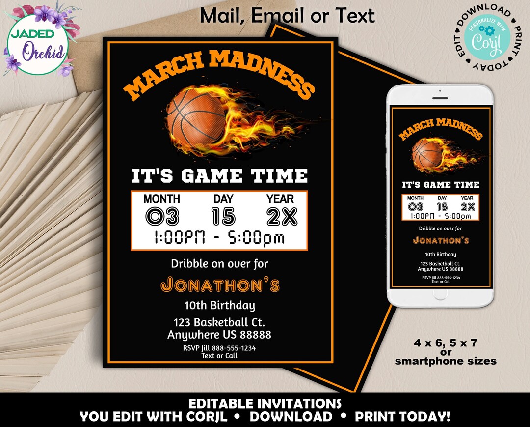 Basketball Theme Party Invitation, Editable March Madness Party ...