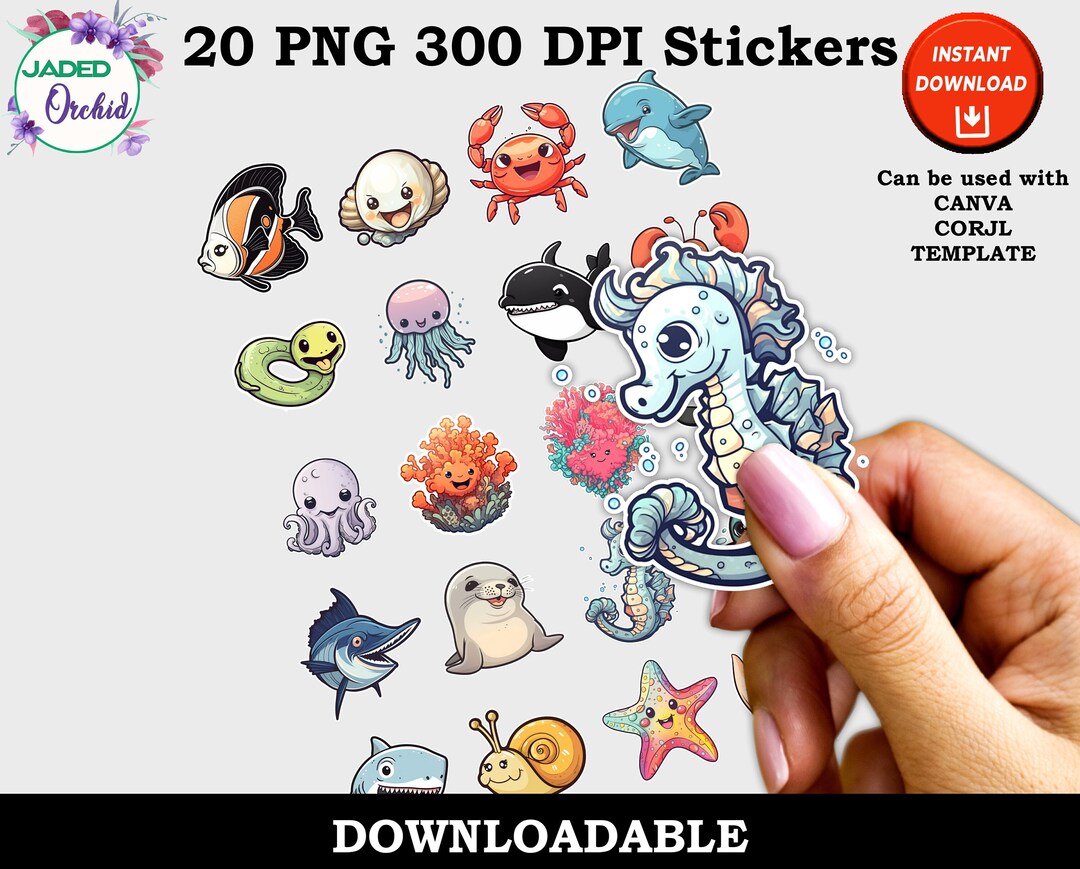 Sea Life Stickers, Print and Cut Digital PNG Sticker Sheet, Ocean Life ...