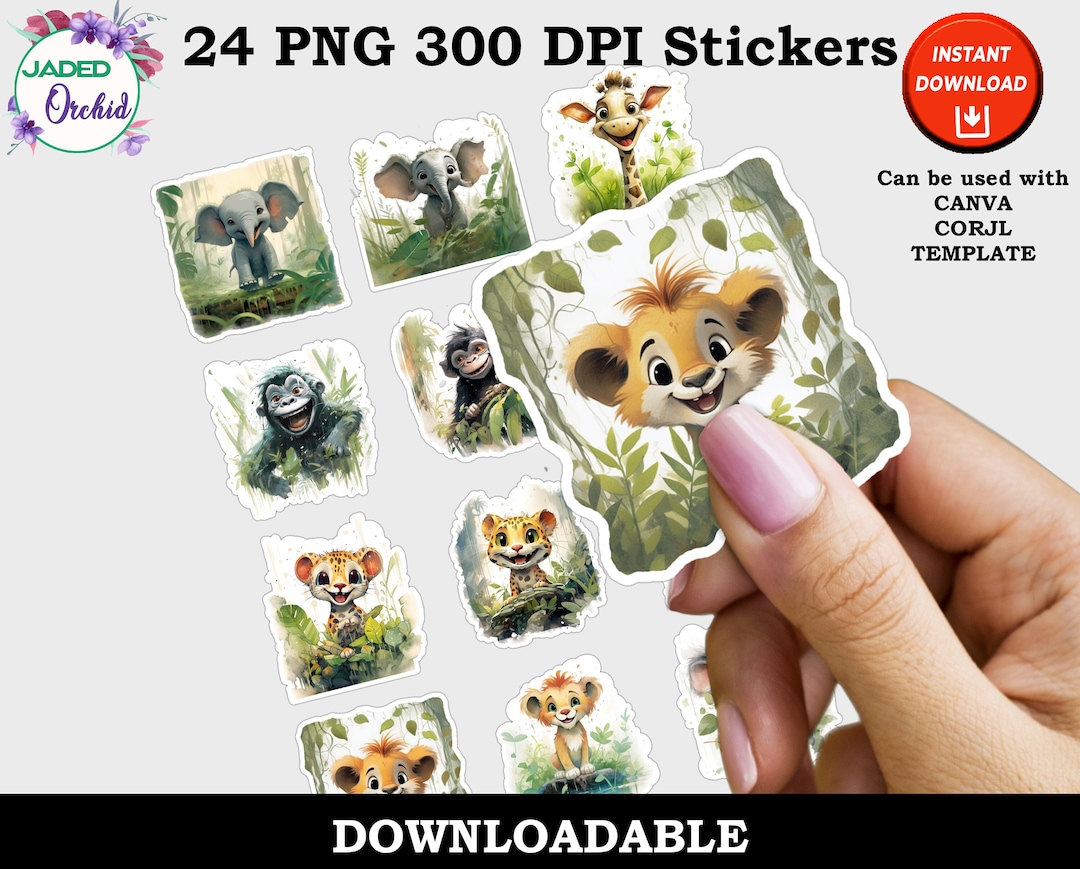 Watercolor Jungle Animals Print and Cut Digital PNG Sticker Sheet 24 ...