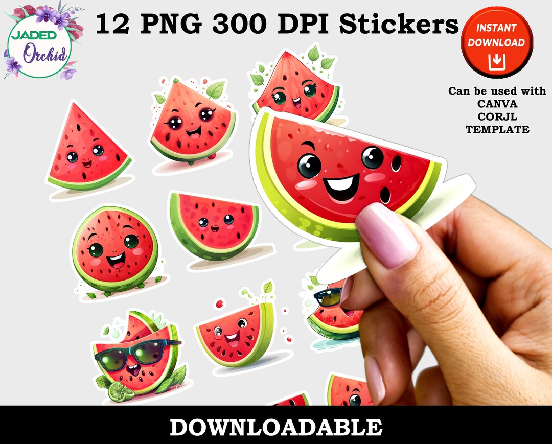 Watermelon Stickers, Print and Cut Digital PNG Sticker Sheets, 16 ...