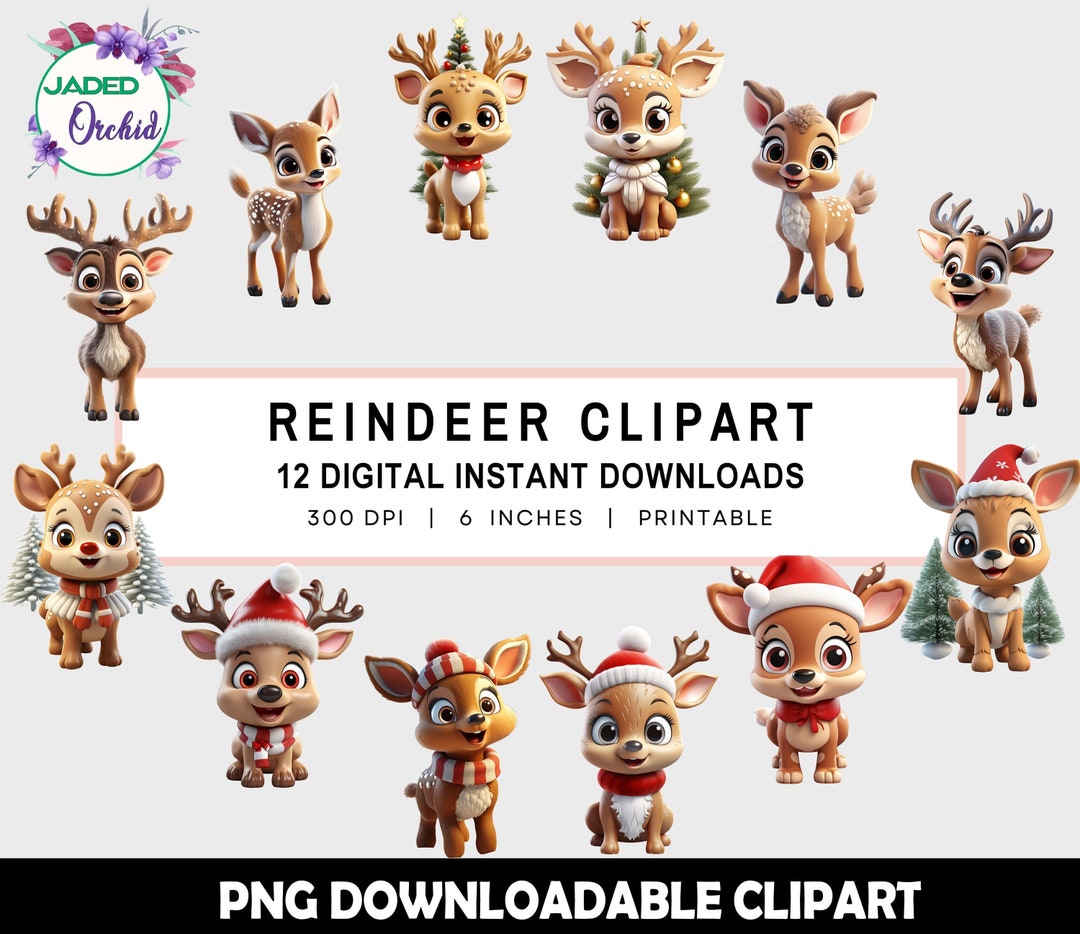 Christmas Reindeer Clipart, Digital Reindeer Clipart, 12 PNG Clipart ...