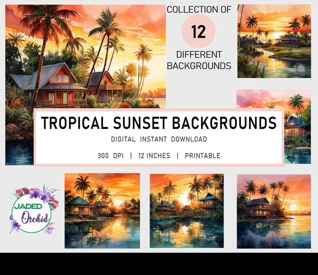 Digital Tropical Sunset Paper, Watercolor Tropical Landscape, Tropical ...