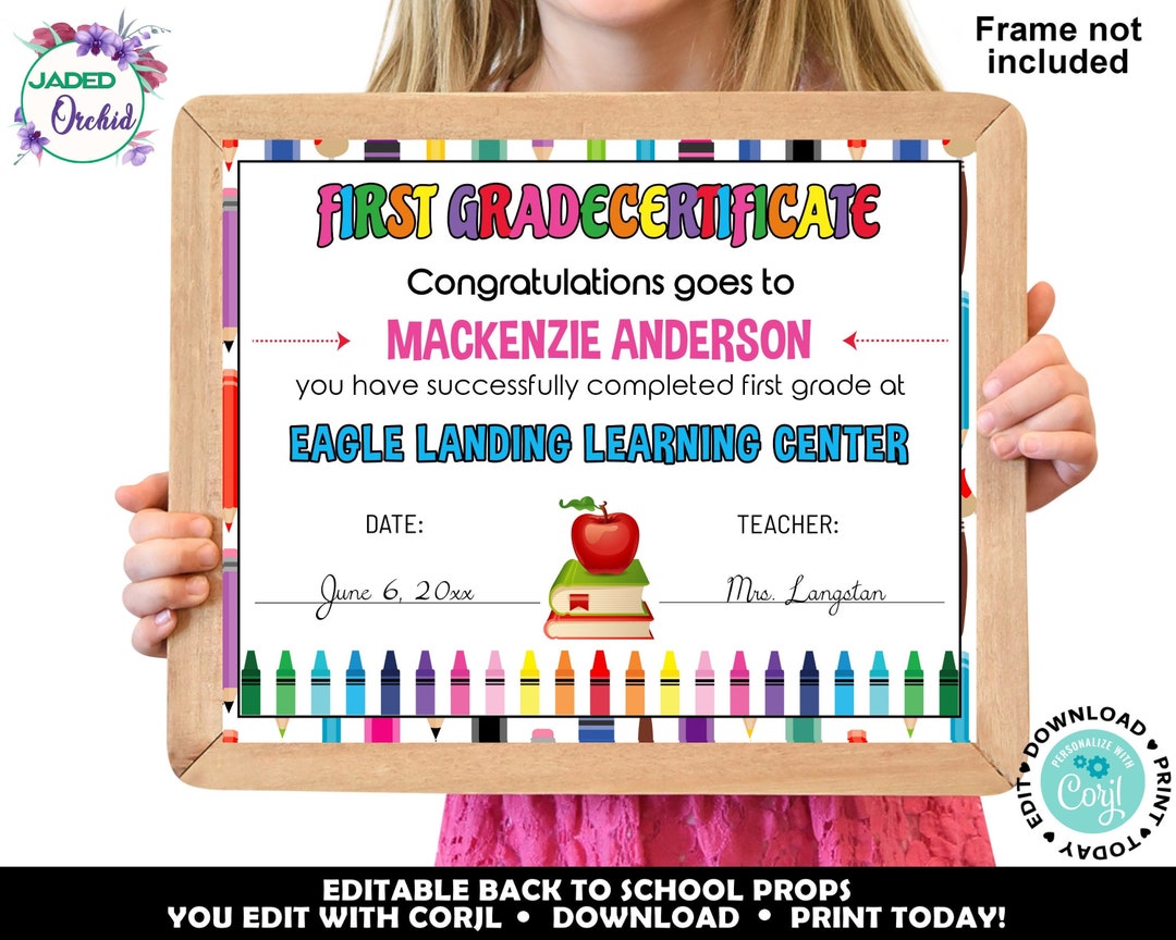 Printable Girls First Grade Certificate Sign, First Grade Graduation ...