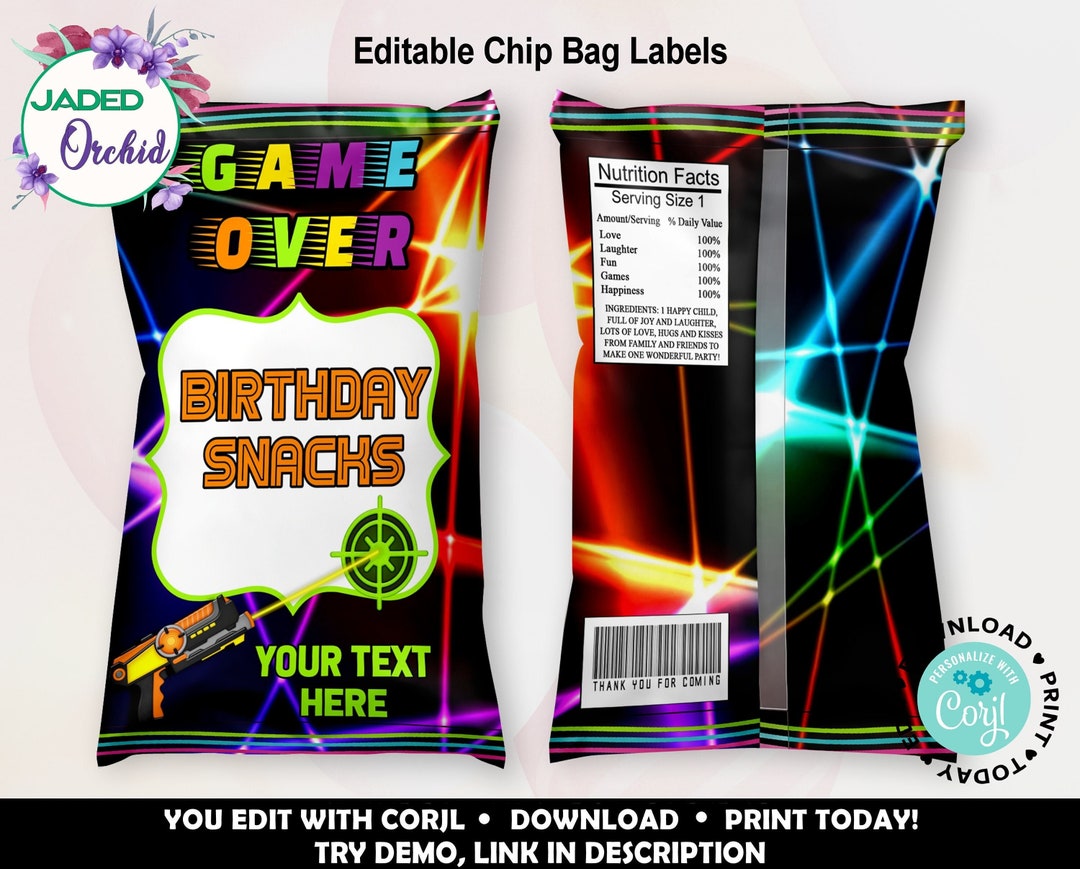 Printable Laser Tag Birthday Chip Bag Label, Laser Tag Chip Bag Label ...