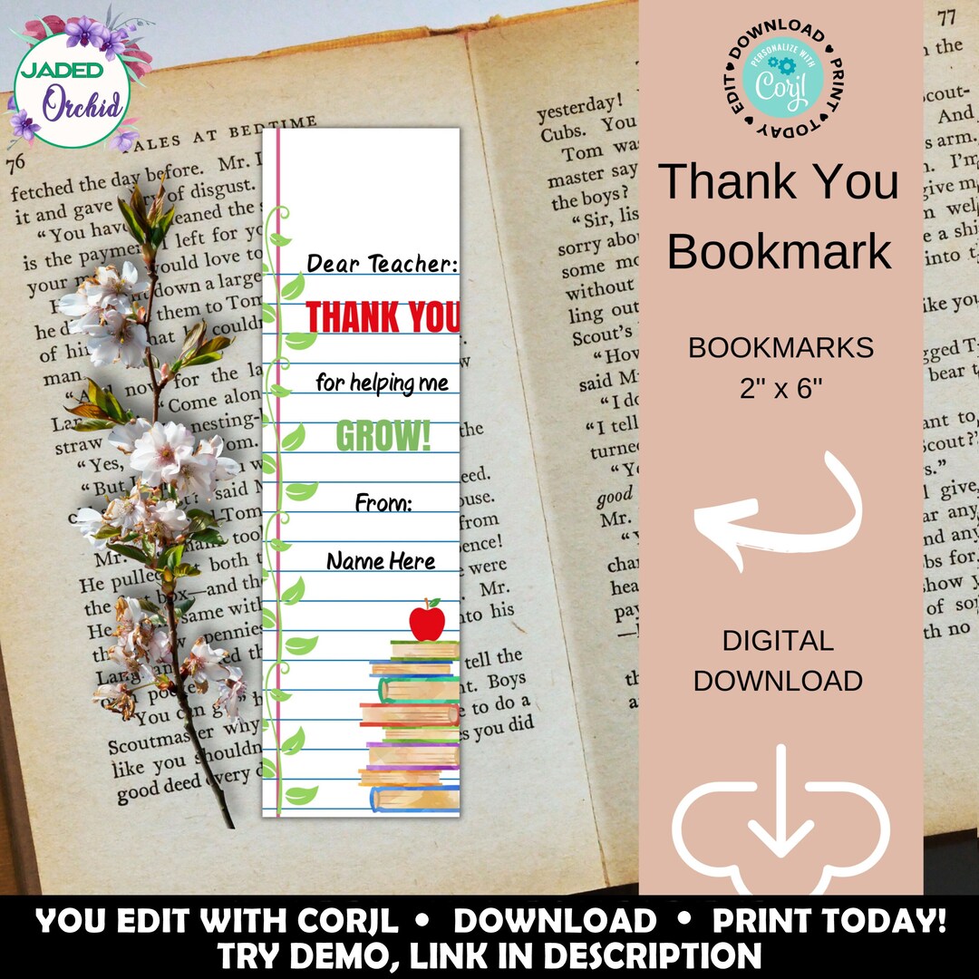 Cute Thank You Teacher Bookmarker, Teacher Appreciation Bookmark, Thank ...