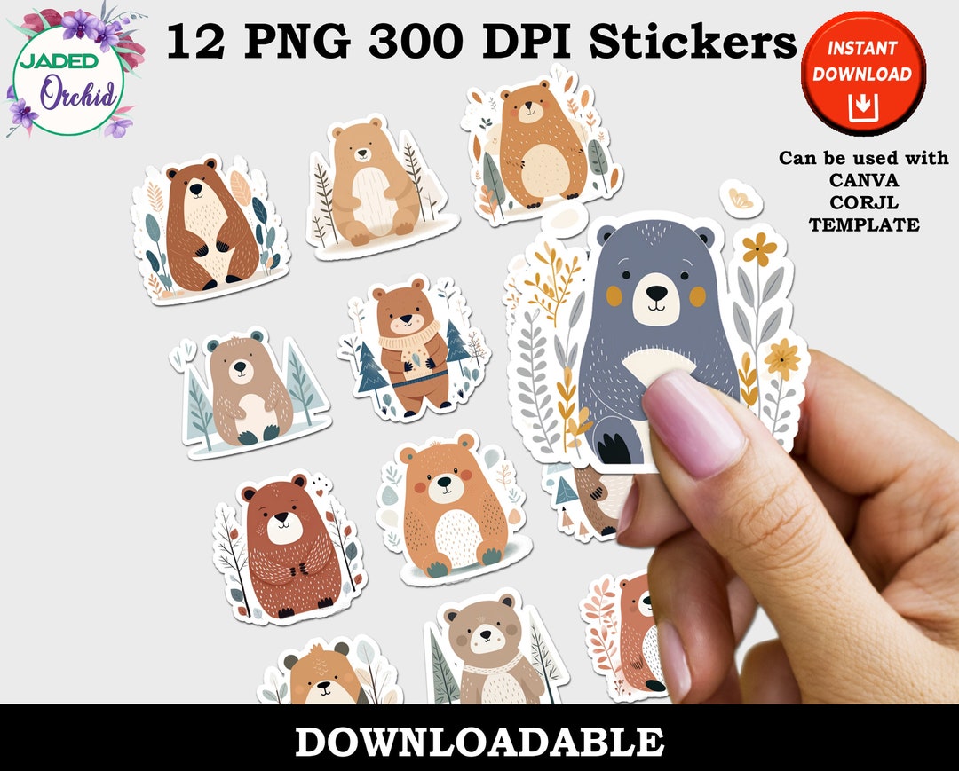Cute Scandinavian Bear Stickers, Bear Stickers, 12 Print and Cut ...