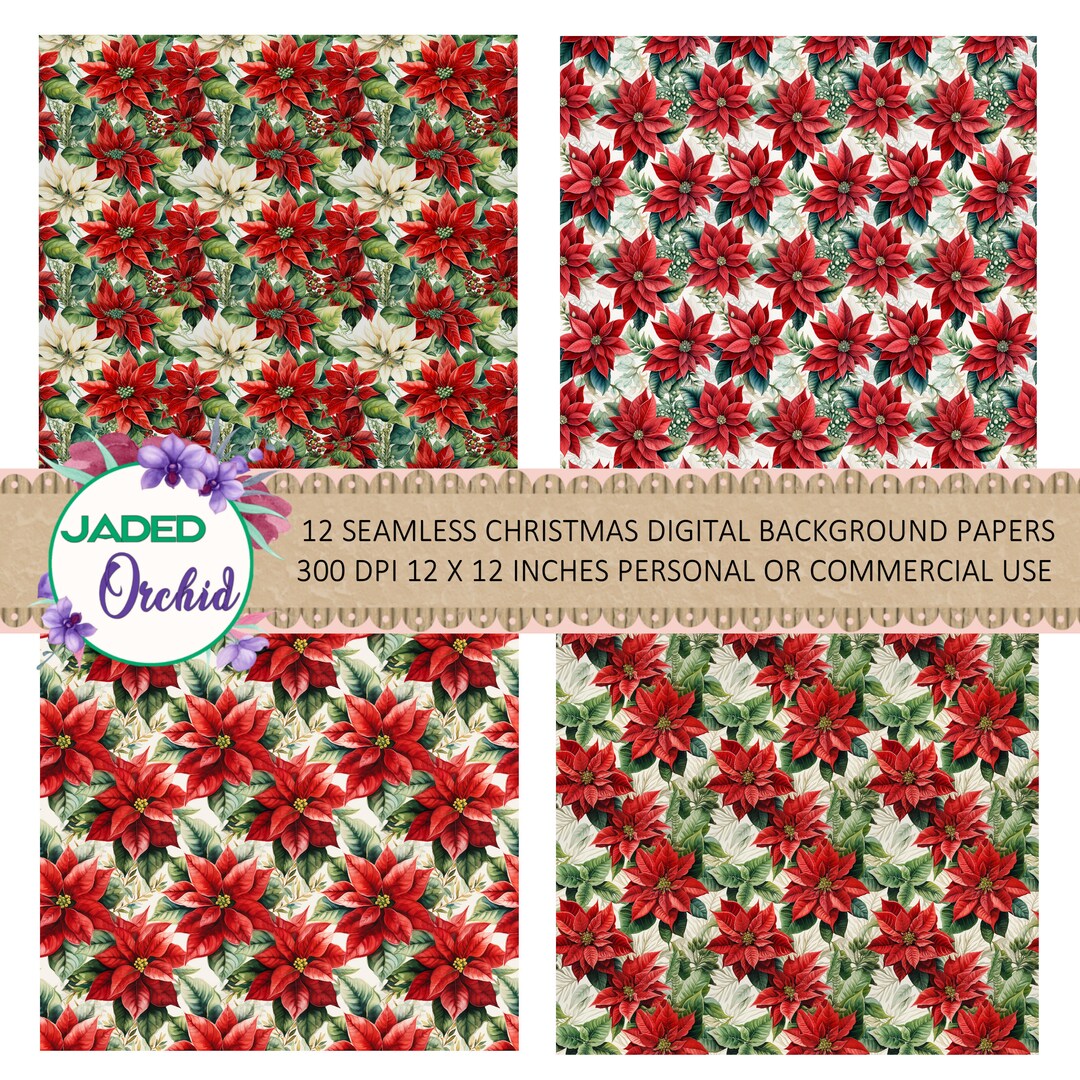 Christmas Poinsettia Digital Seamless Background Paper Poinsettia ...