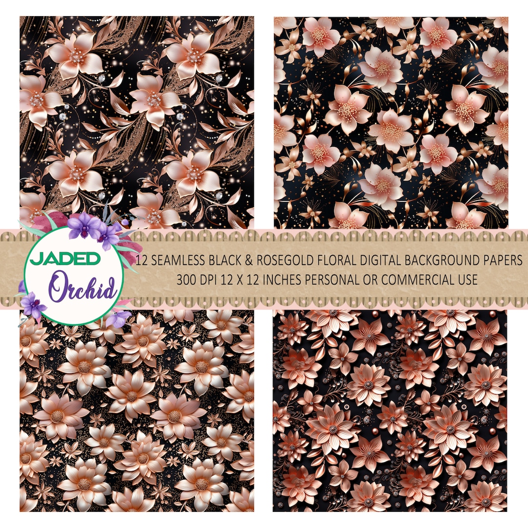 Black and Rose Gold Flower Background Paper, Rose Gold Flower Pattern ...
