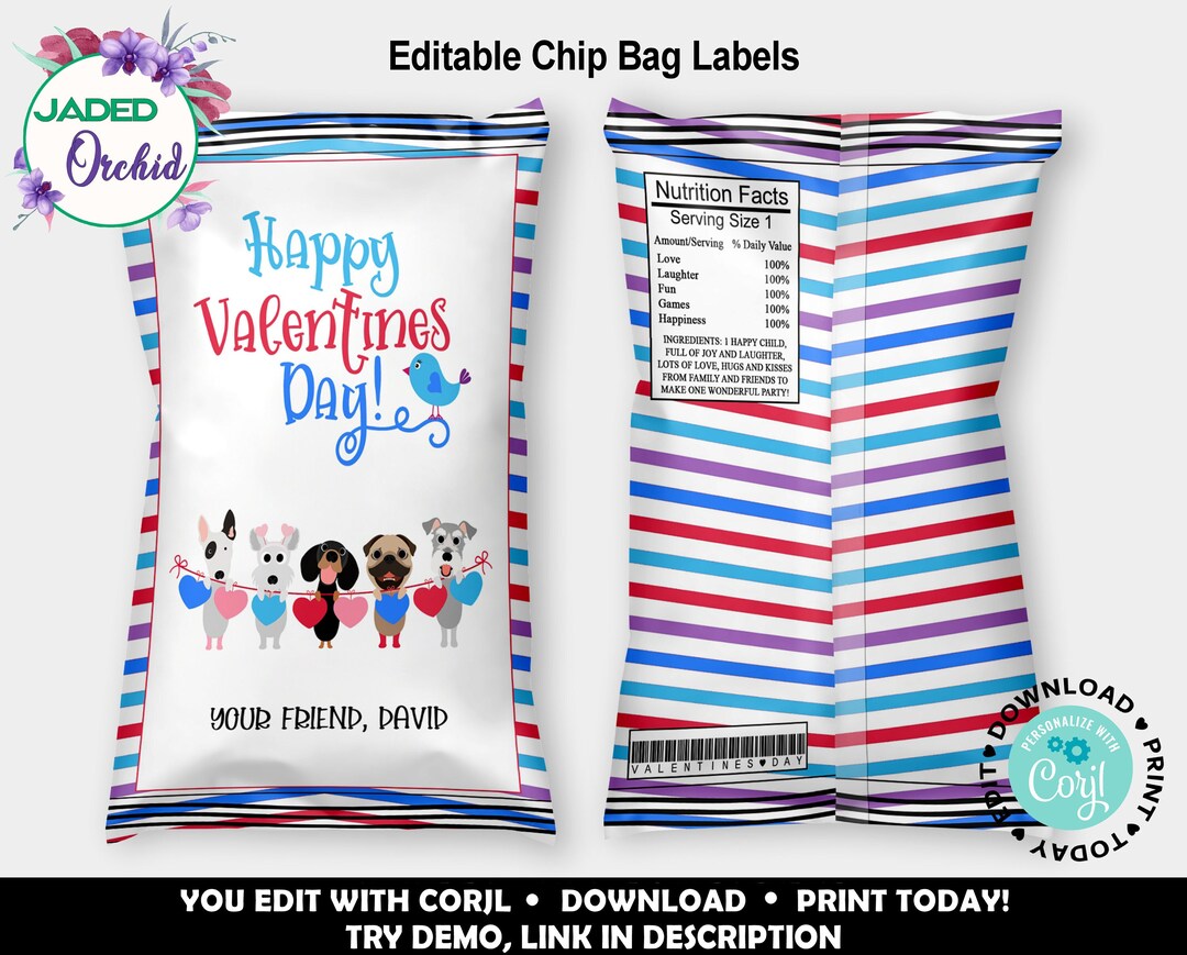 Boys Valentine's Day Chip Bag, Printable Valentine's Day Dog Chip Bag ...