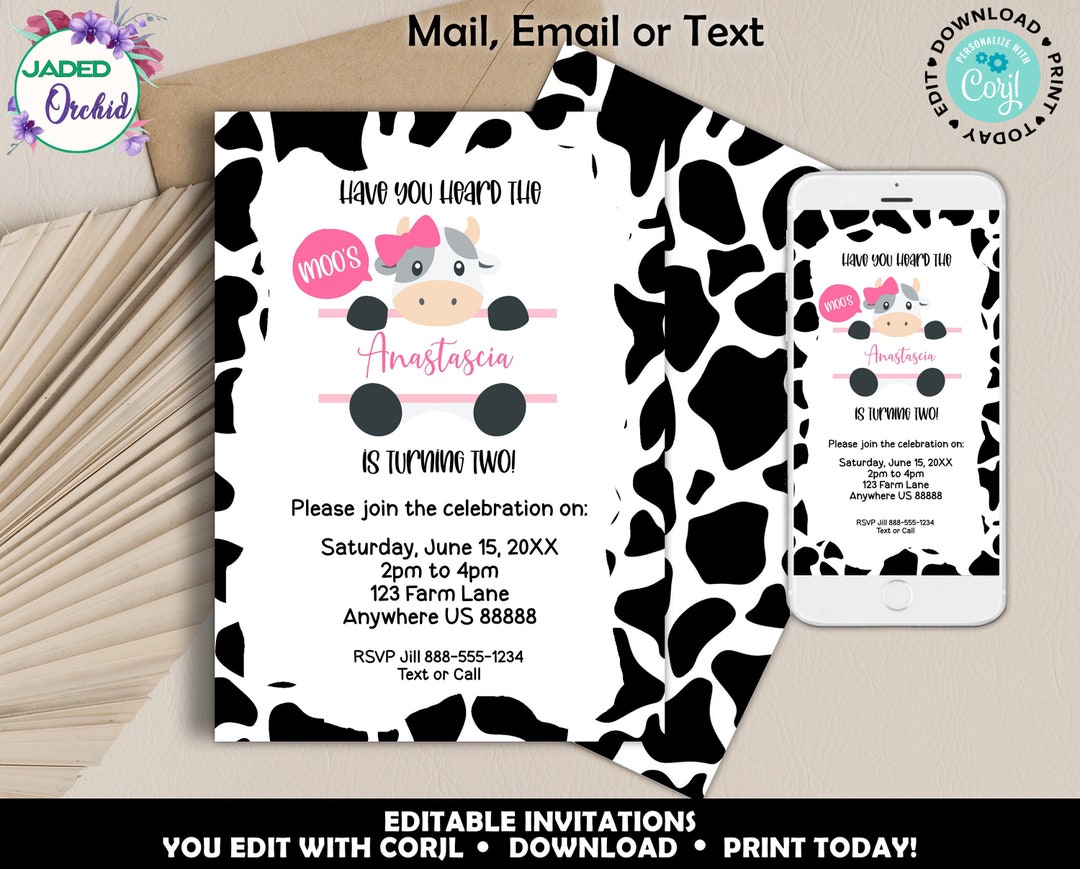 Girls Cow Birthday Invitation, Cow Party Invitation, Cow Party Invite ...