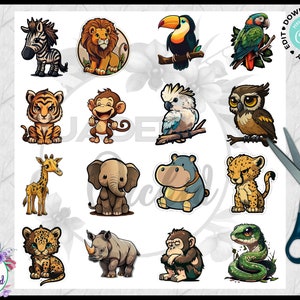 Jungle Animals Print and Cut Digital PNG Sticker Sheet, 16 Different ...