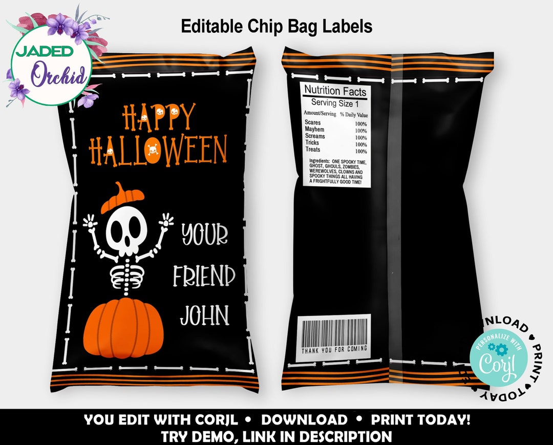 Skeleton Halloween Party Favor, Halloween Chip Bag Labels, Printable ...