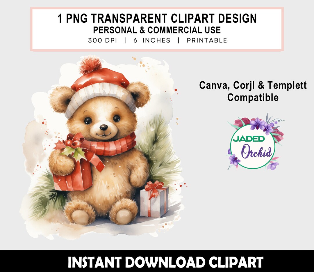 Digital Watercolor Christmas Bear Clipart, Woodland Creature Clipart ...