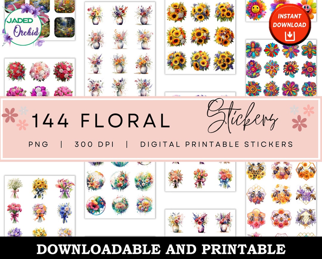 Bundled Floral Stickers, PNG Digital Cricut Stickers, 144 Print and Cut ...