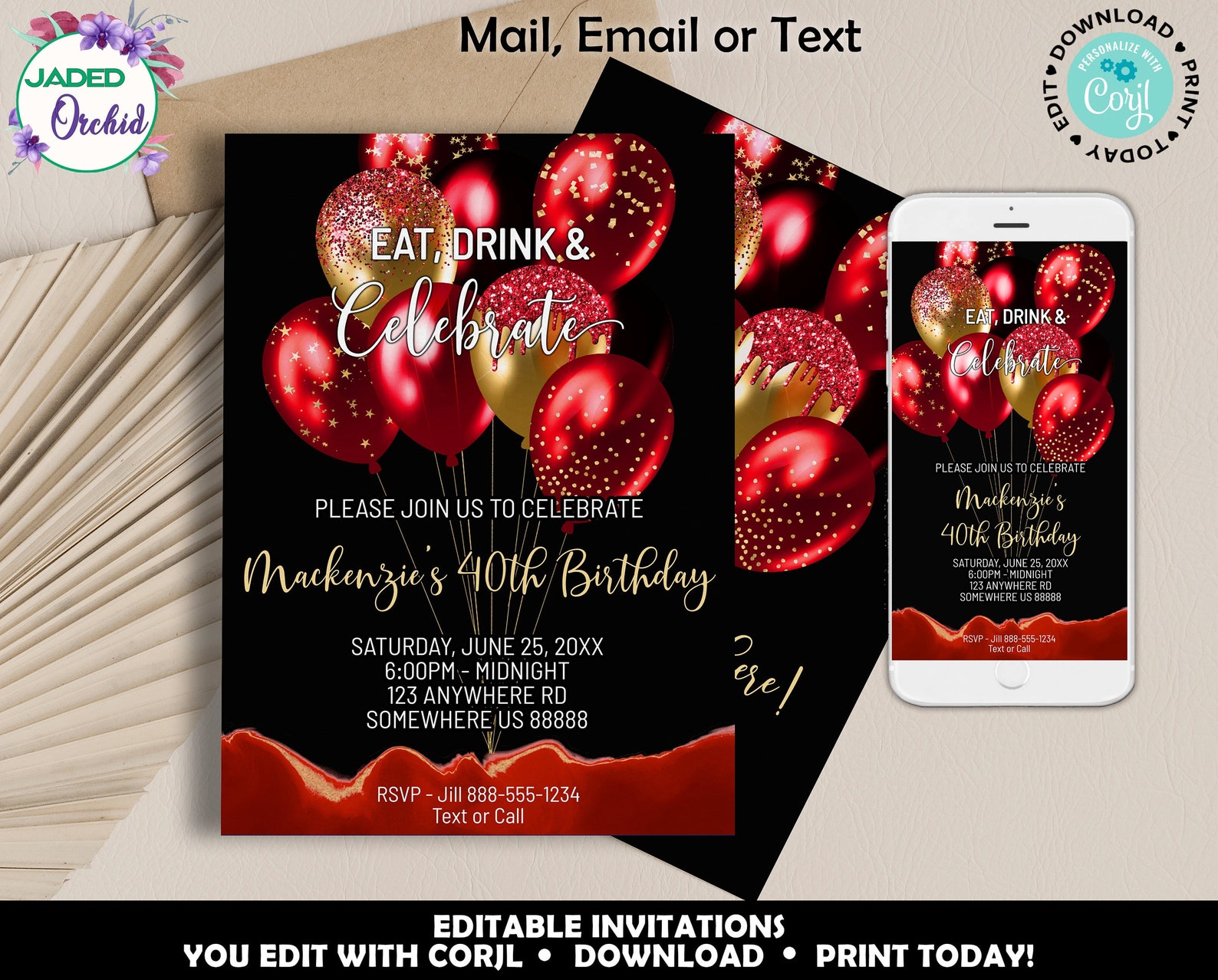 Printable Red Birthday Party Invitation Red and Gold Birthday - Etsy