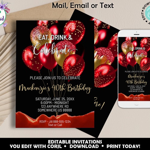 Elegant Red & Black Birthday Party Flyer - Etsy