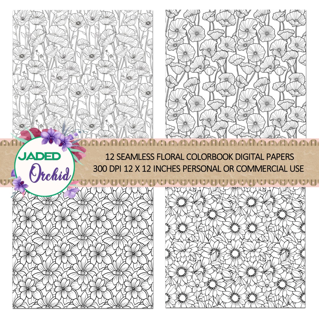 Black and White Floral Coloring Book Background Digital Paper, Floral ...