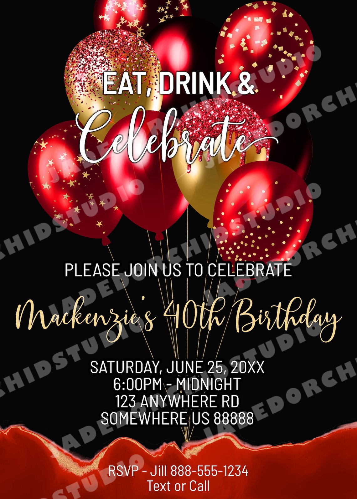 Printable Red Birthday Party Invitation Red and Gold Birthday - Etsy