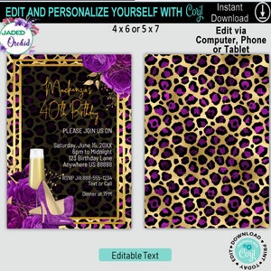 Purple Leopard Birthday Party Invitation, Purple and Gold Leopard ...