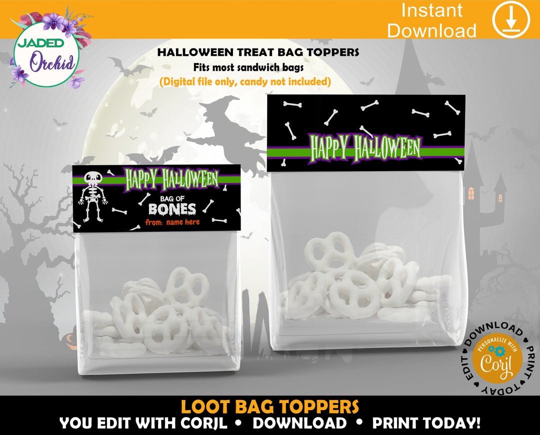 EDITABLE Bag of Bones Halloween Loot Bag Toppers, Halloween Treat ...