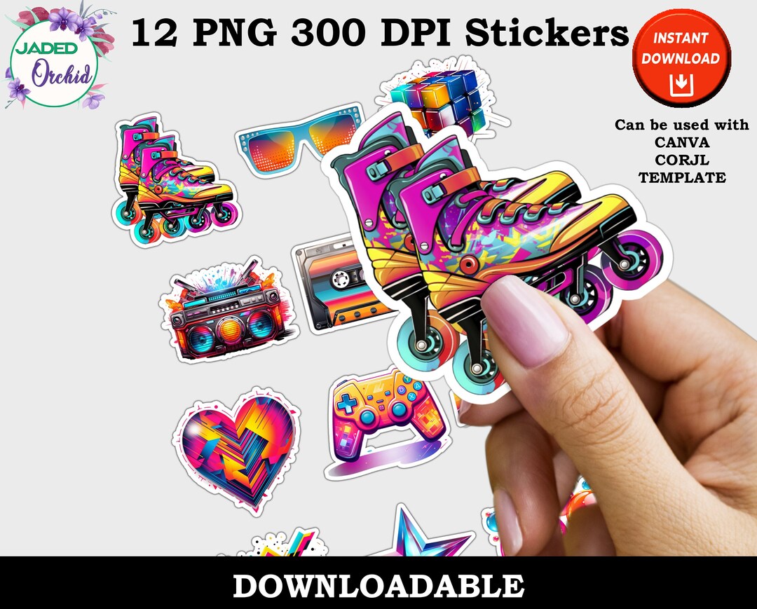 80s Retro Neon Color PNG Digital Cricut Stickers, 12 Colorful 80s Print ...