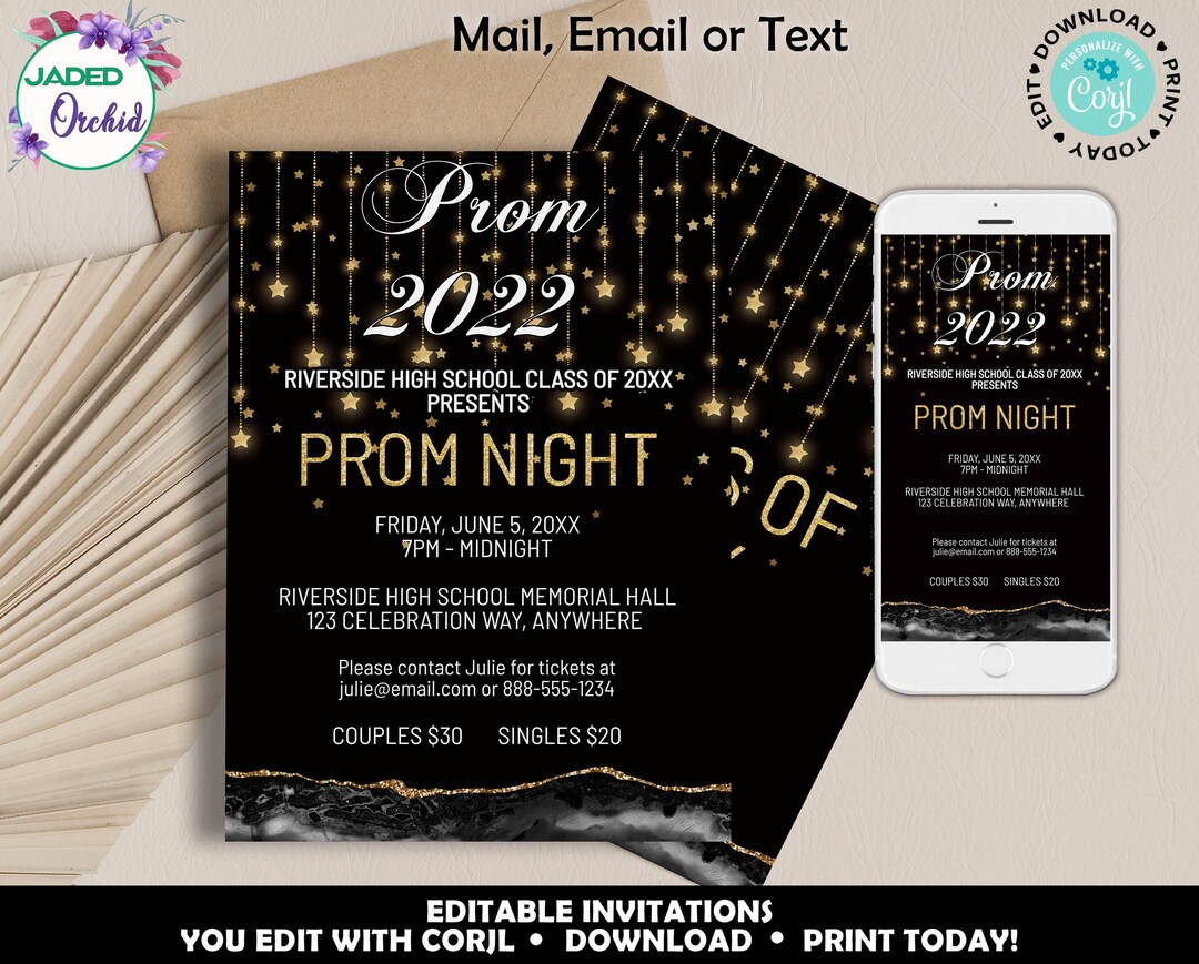Printable Black Prom Invitation, Prom Invite, Senior Prom Invitation ...