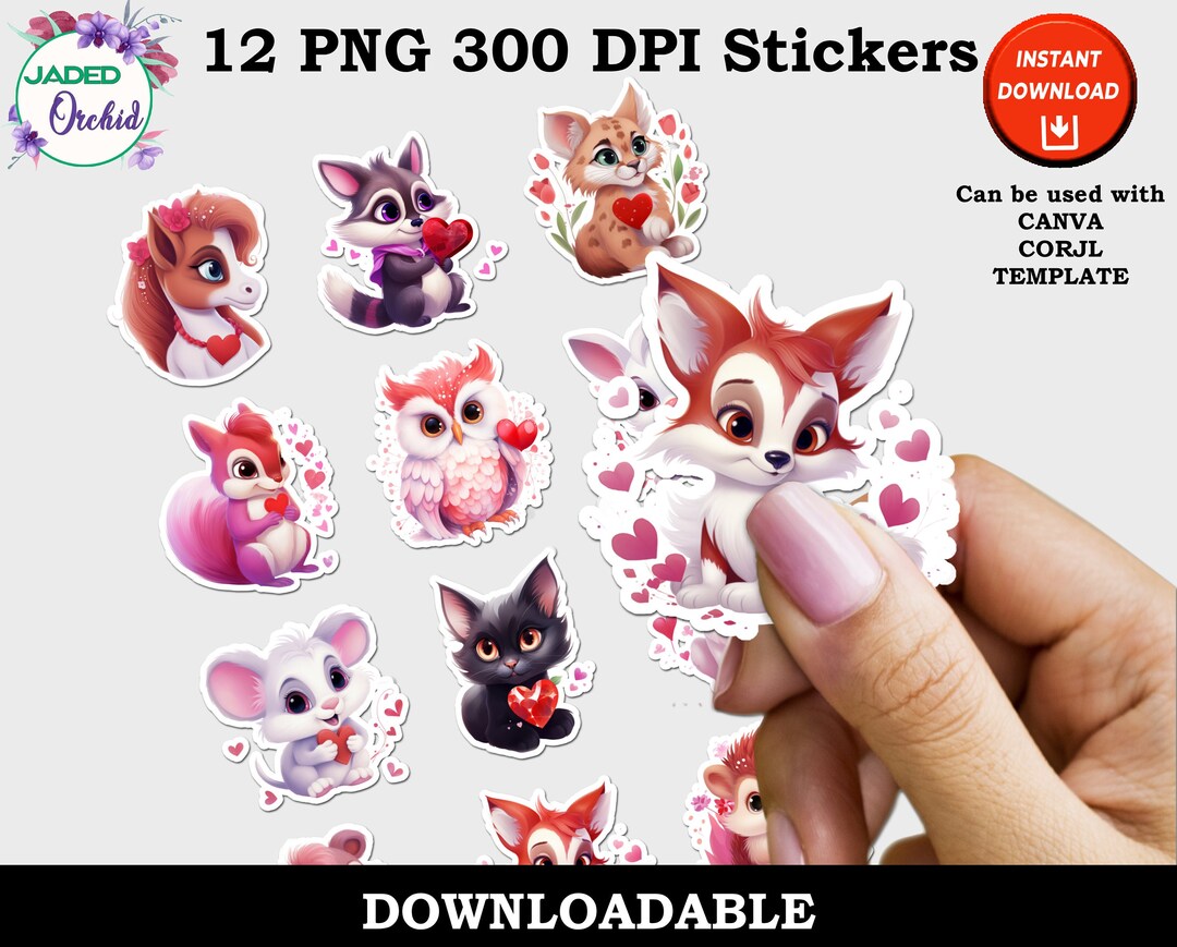 Digital Valentine's Day Animal Sticker, Heart Sticker Print and Cut PNG ...